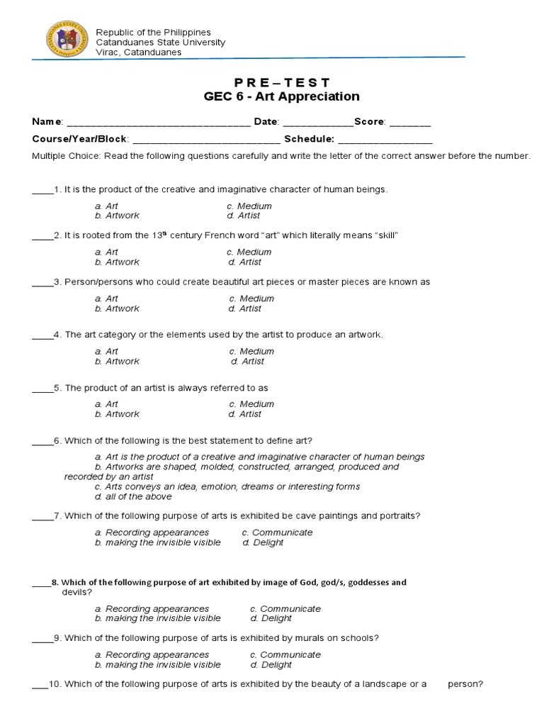 Pre-Test GEC 6 - Art Appreciation | PDF | Dances | Actor
