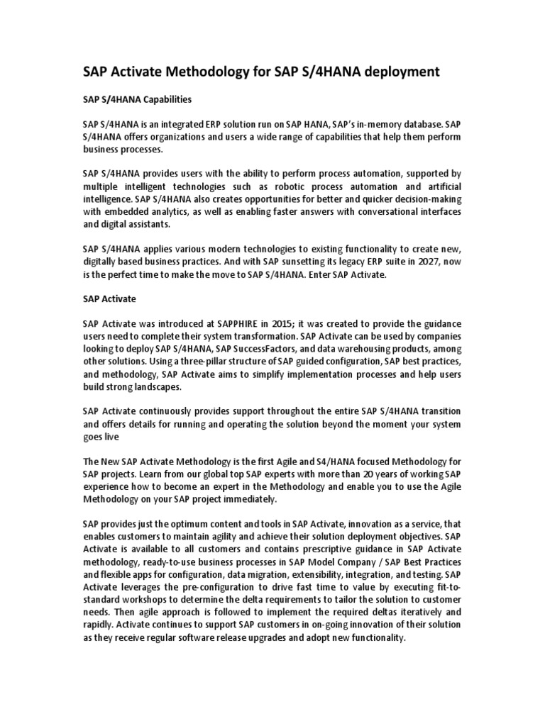 SAP Activate Methodology For SAP S4HANA Deployment PDF | PDF | Sap Se ...