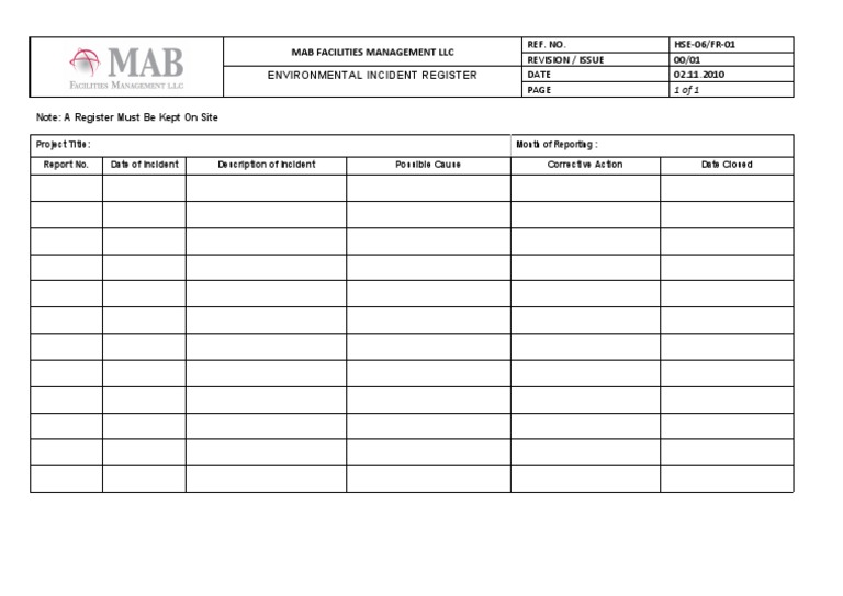 Environmental Incident Register Guide | PDF