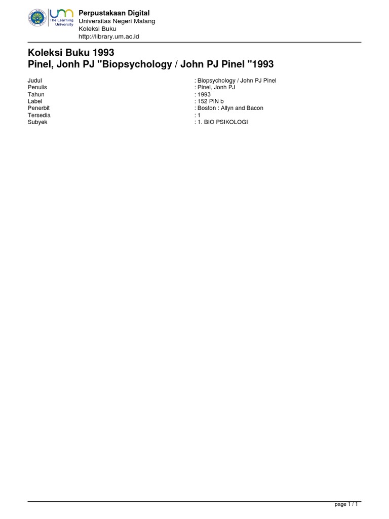 Koleksi Buku 1993 Pinel, Jonh PJ "Biopsychology / John PJ Pinel "1993 | PDF