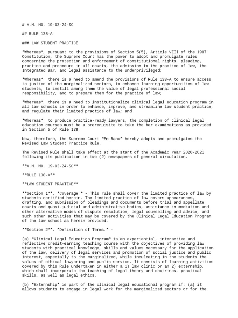 Rule 138-A, Law Student Practice | PDF | Legal Education | Lawyer