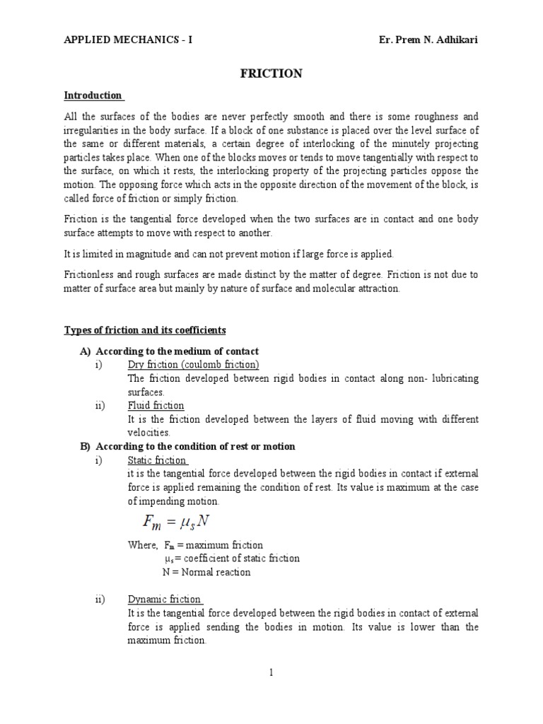 Friction: Applied Mechanics - I Er. Prem N. Adhikari | PDF | Friction ...