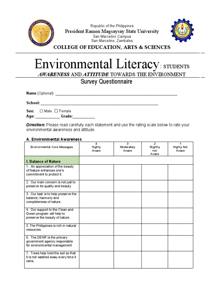 Environmental Literacy:: Survey Questionnaire | PDF | Habitat ...