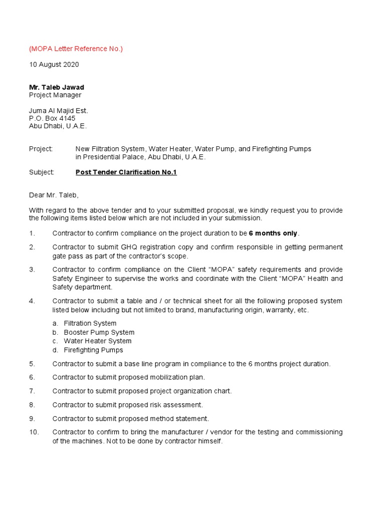 Draft Post Tender Clarification No.1 - Juma | PDF