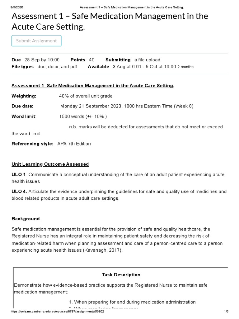 Assessment 1 - Safe Medication Management in The Acute Care Setting ...