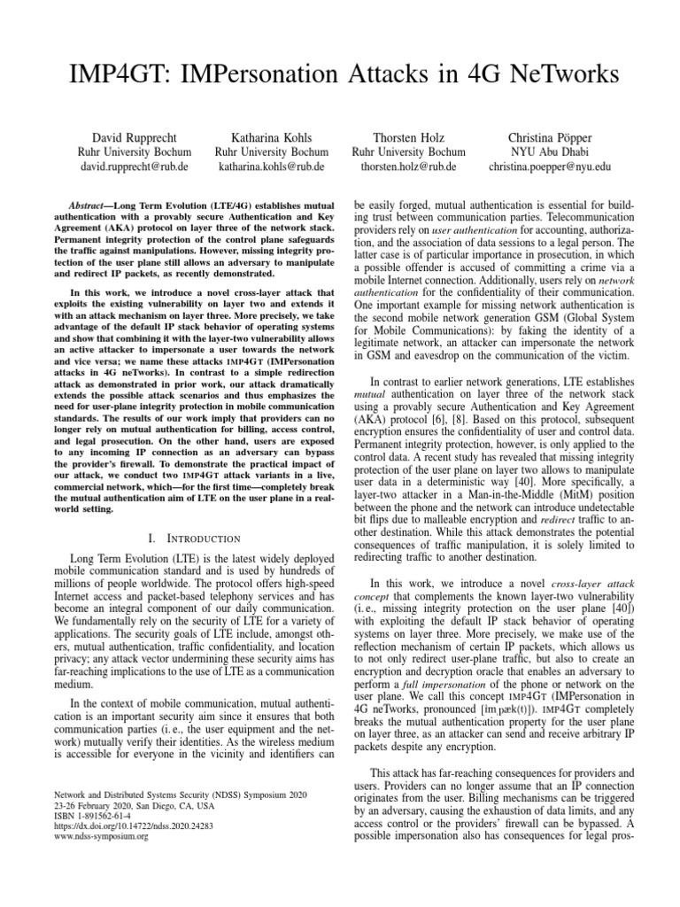 Imp4Gt: Impersonation Attacks in 4G Networks: David Rupprecht Katharina ...