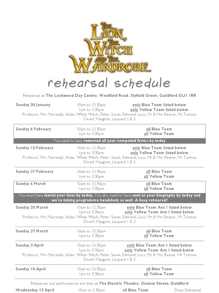 Rehearsal Schedule | PDF | Aslan | Literary Characters