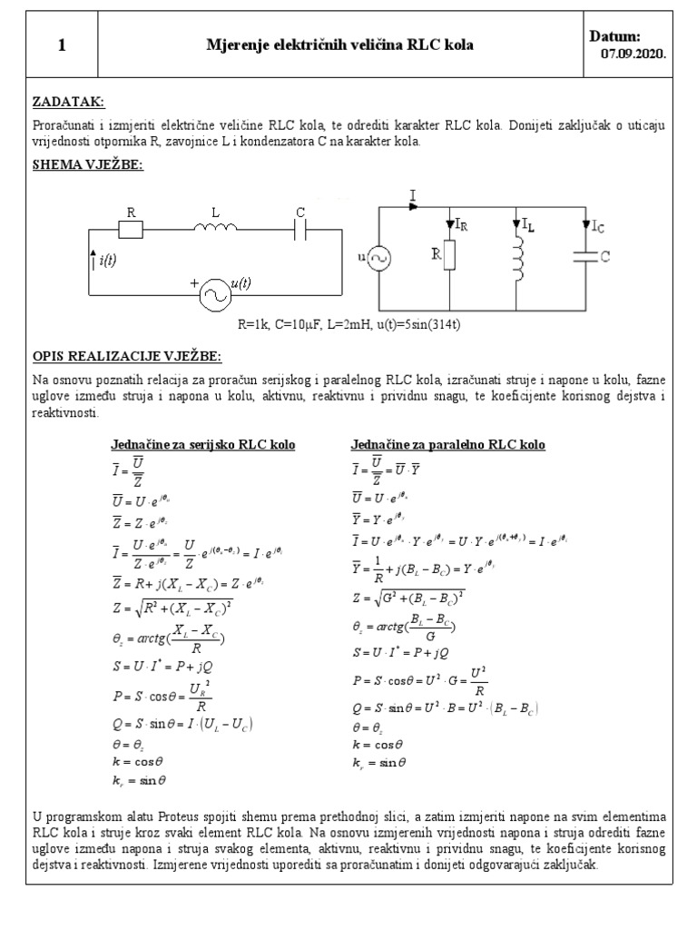 VJEŽBA 1 - Mjerenje Električnih Veličina RLC Kola | PDF