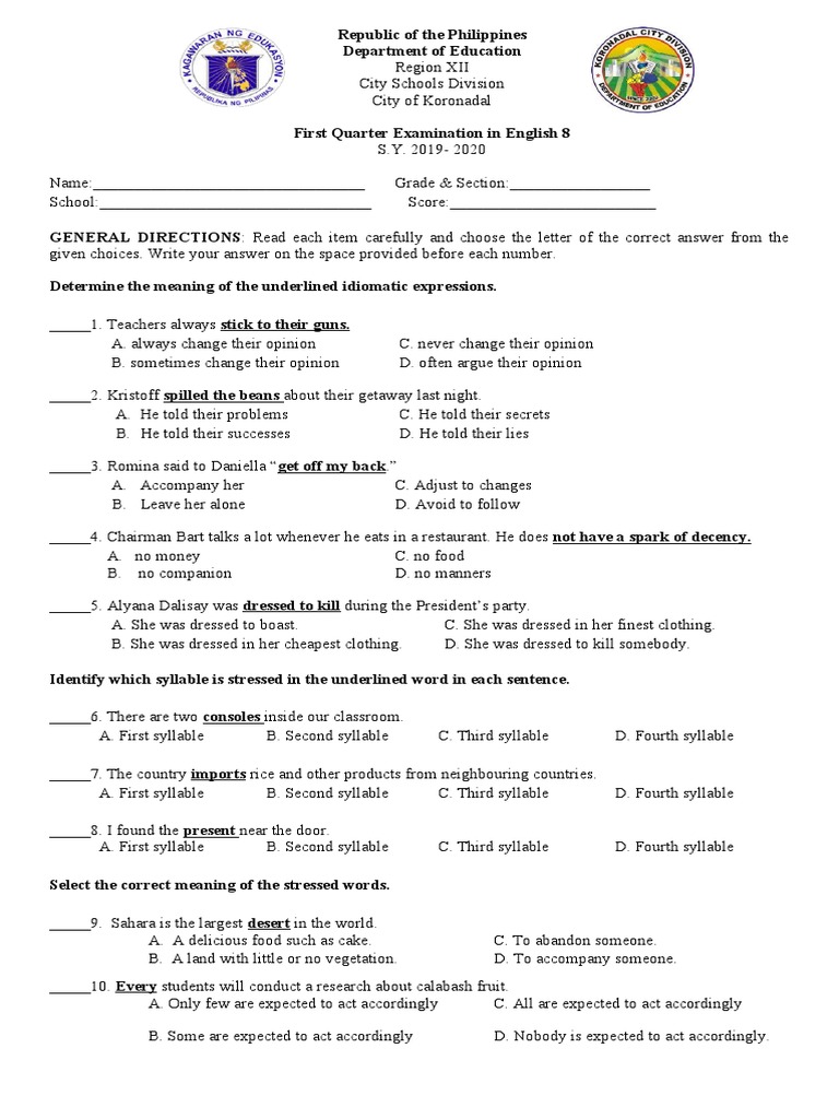Grade8 English 1st Quarter Exam | PDF | Radar | Olfaction