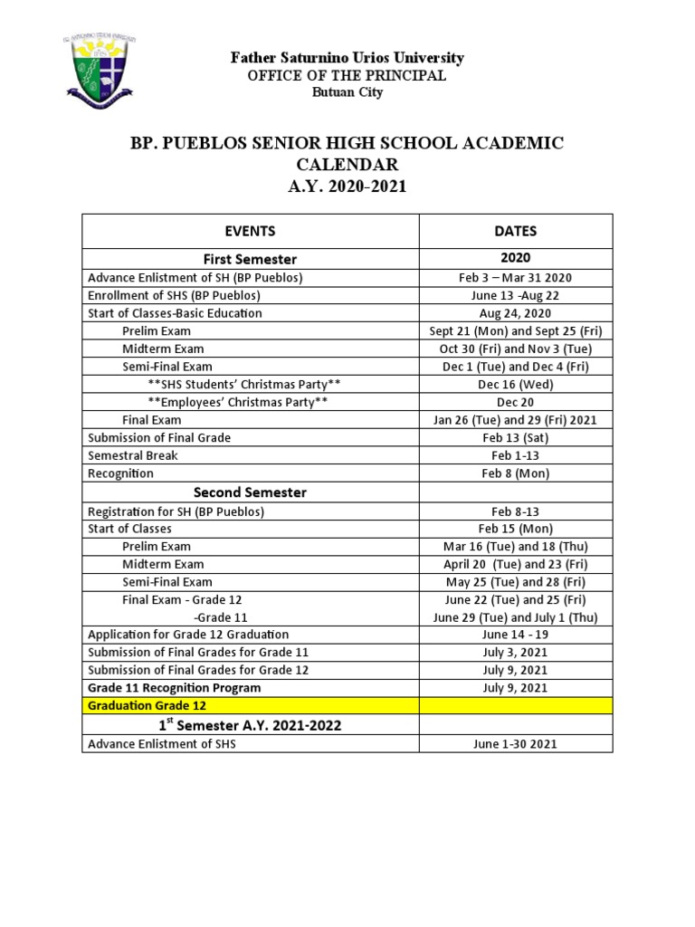 BP Pueblos SHS Academic Calendar | PDF | Educational Institutions ...
