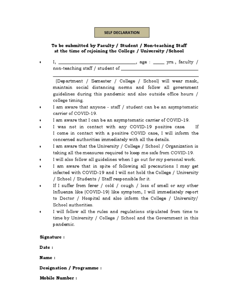 Self Declaration To Be Submitted by Faculty / Student / Non-Teaching ...