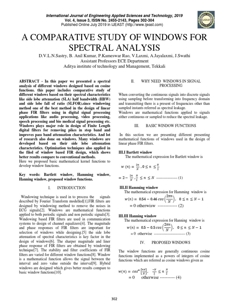A COMPARATIVE STUDY OF WINDOWS FOR SPECTRAL ANALYSIS | PDF | Digital ...