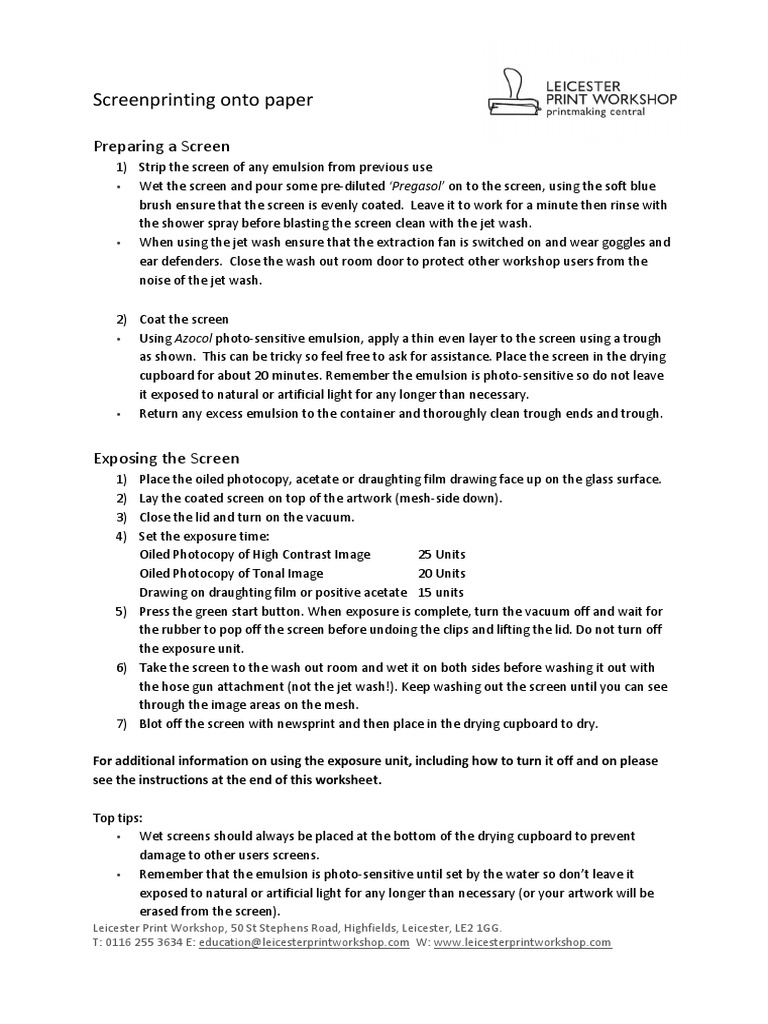 Screen Printing Instructions and Tips | PDF | Printmaking | Exposure ...