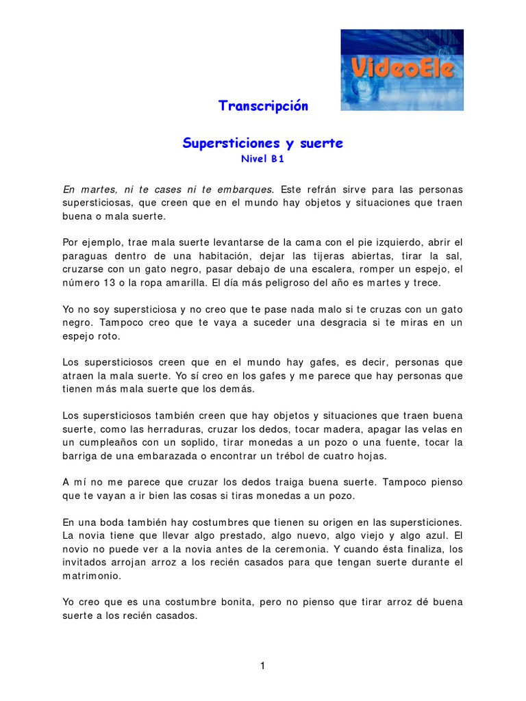 B1 Supersticiones-Transcripcion PDF | PDF | Supersticiones | Suerte