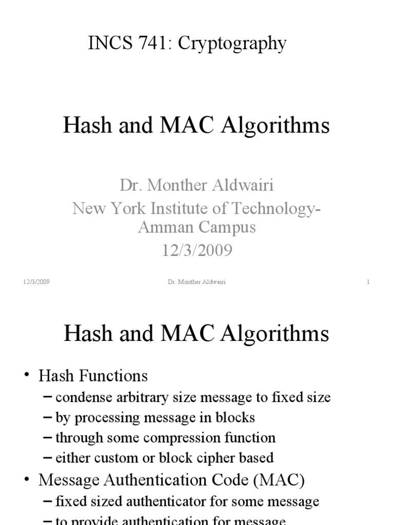 INCS 741: Cryptography: Hash and MAC Algorithms | PDF | Security ...
