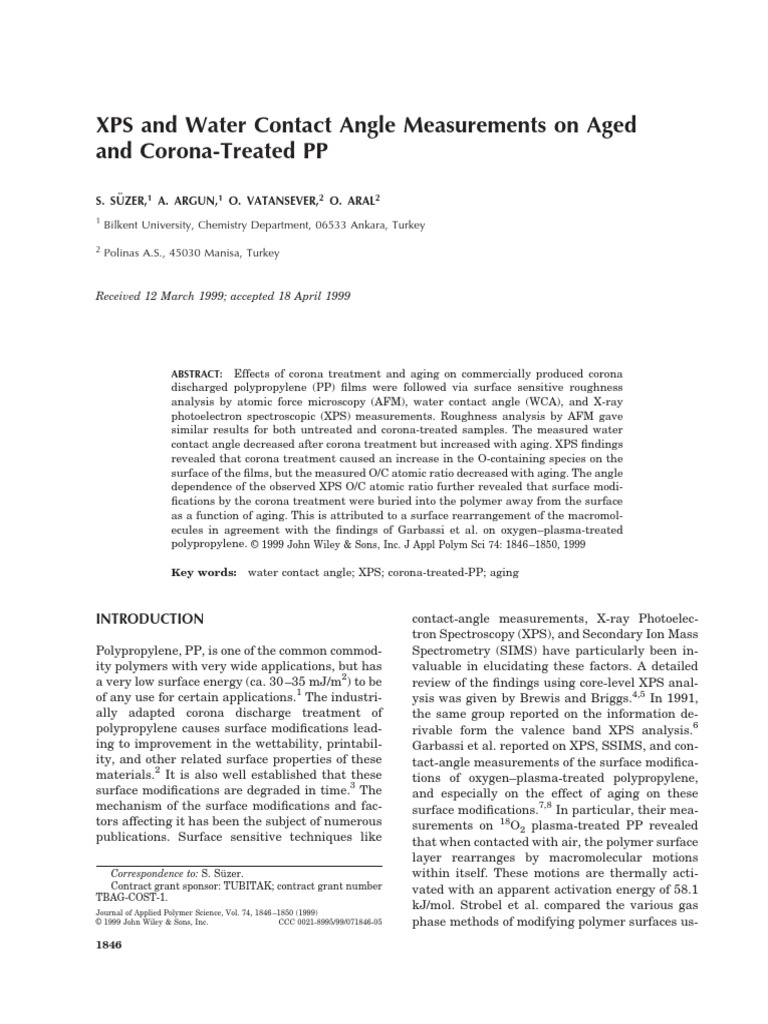 XPS and Water Contact Angle Measurements On Aged and Corona Treated PP ...