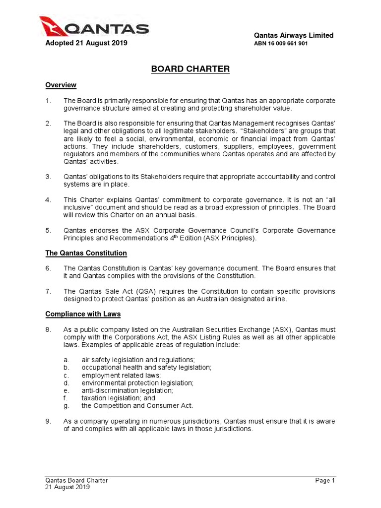 Board Charter: Qantas Airways Limited Adopted 21 August 2019 | PDF ...