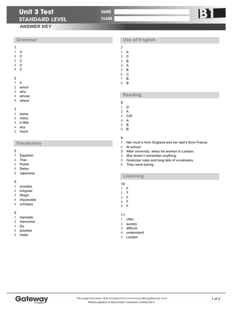 B1 UNIT 3 Test Answer Key Standard | PDF | Cognitive Science | Symbols