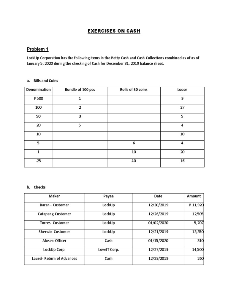 Exercises On Cash PDF | PDF | Cheque | Deposit Account
