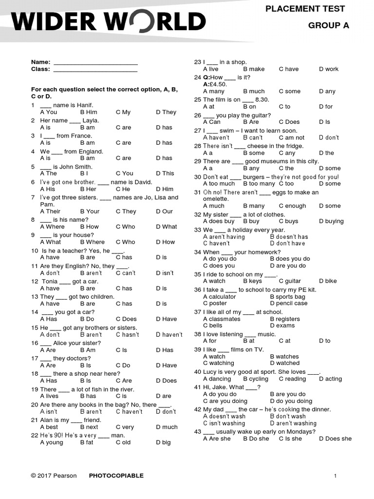 Wider World 1 - Placement Test - A | PDF
