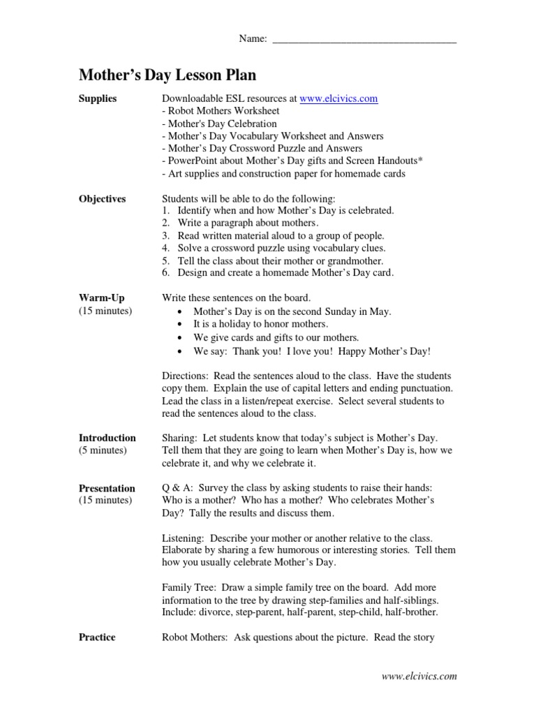 Mother's Day Lesson Plan: Supplies | Download Free PDF | Crossword ...