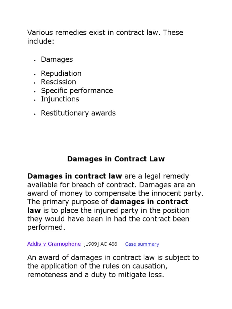 Various Remedies Exist in Contract Law | PDF | Specific Performance ...