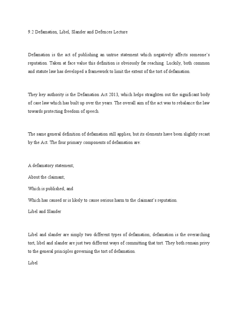 Defamation Lecture | PDF | Defamation | Tort