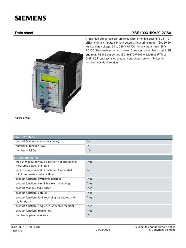 Data Sheet 7SR1003-1KA20-2CA0: Product Details | PDF | Power Supply ...