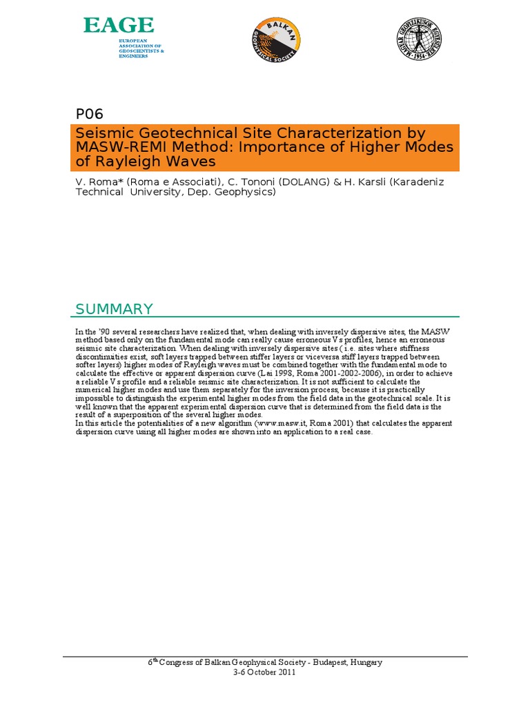 P06 Seismic Geotechnical Site Characterization by MASW-REMI Method ...