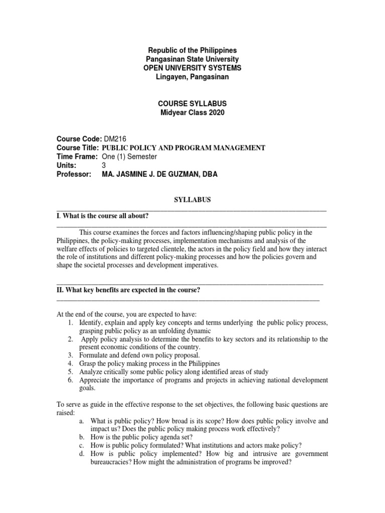Public-Policy-And-Program-Management SYLLABUS | PDF | Policy Analysis ...