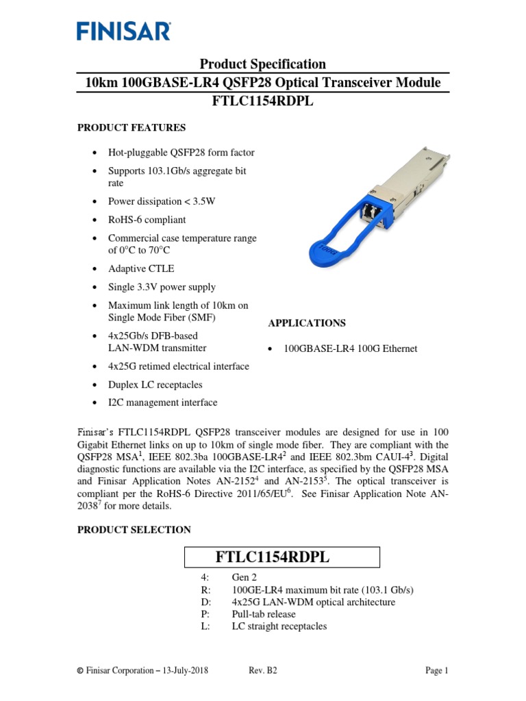 Product Specification 10km 100GBASE-LR4 QSFP28 Optical Transceiver ...