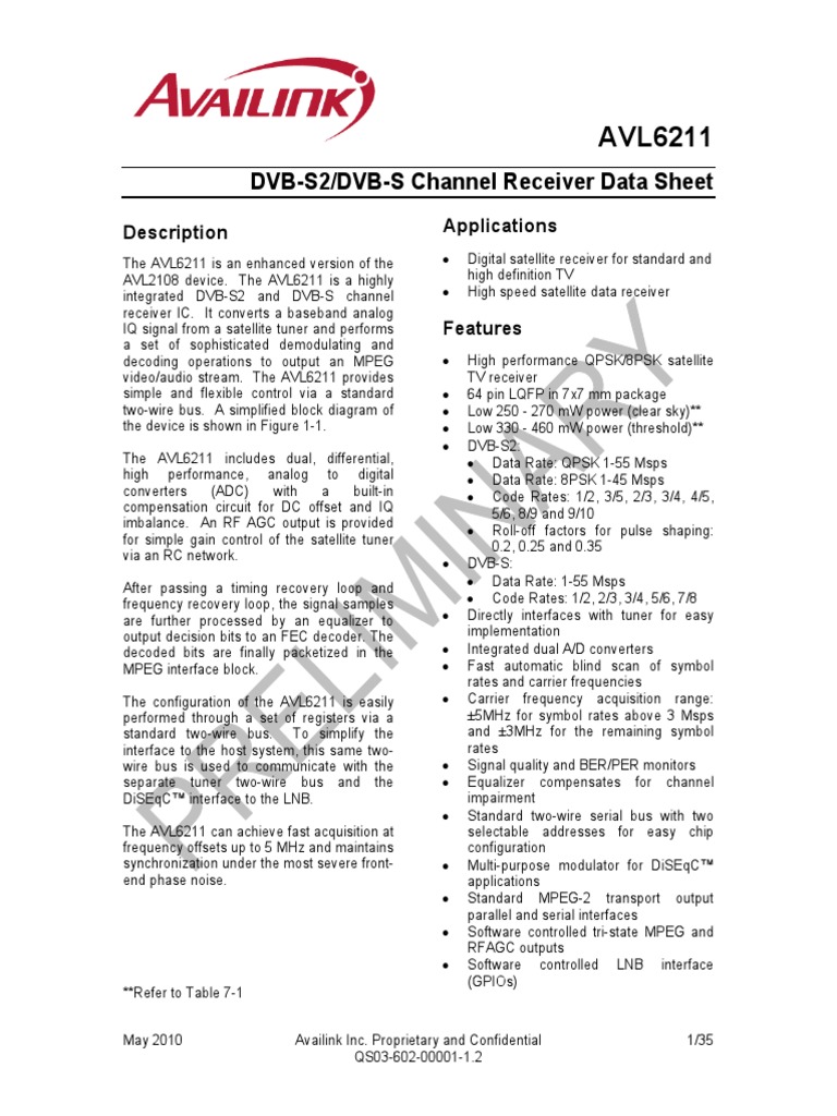 For Honestar: DVB-S2/DVB-S Channel Receiver Data Sheet | PDF | Analog ...