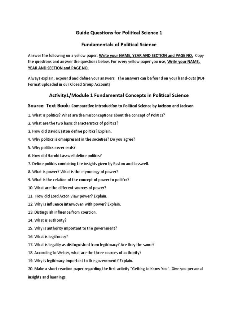 Guide Questions For Political Science 1 Fundamentals of Political ...