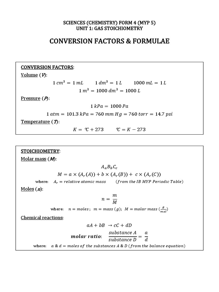 CONVERSION FACTORS & FORMULAE - U1 Gas Stoichiometry | PDF ...