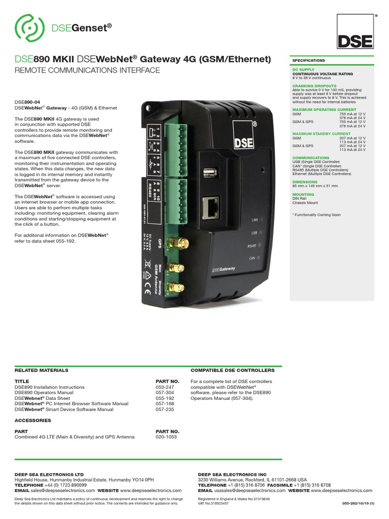 Genset: 890 Mkii Dsewebnet Gateway 4G (Gsm/Ethernet) | PDF | Usb | Telecommunications