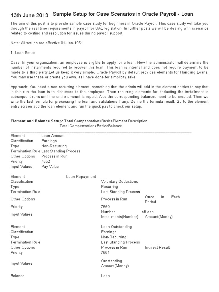 Sample Setup For Case Scenarios in Oracle Payroll Loan PDF | PDF ...