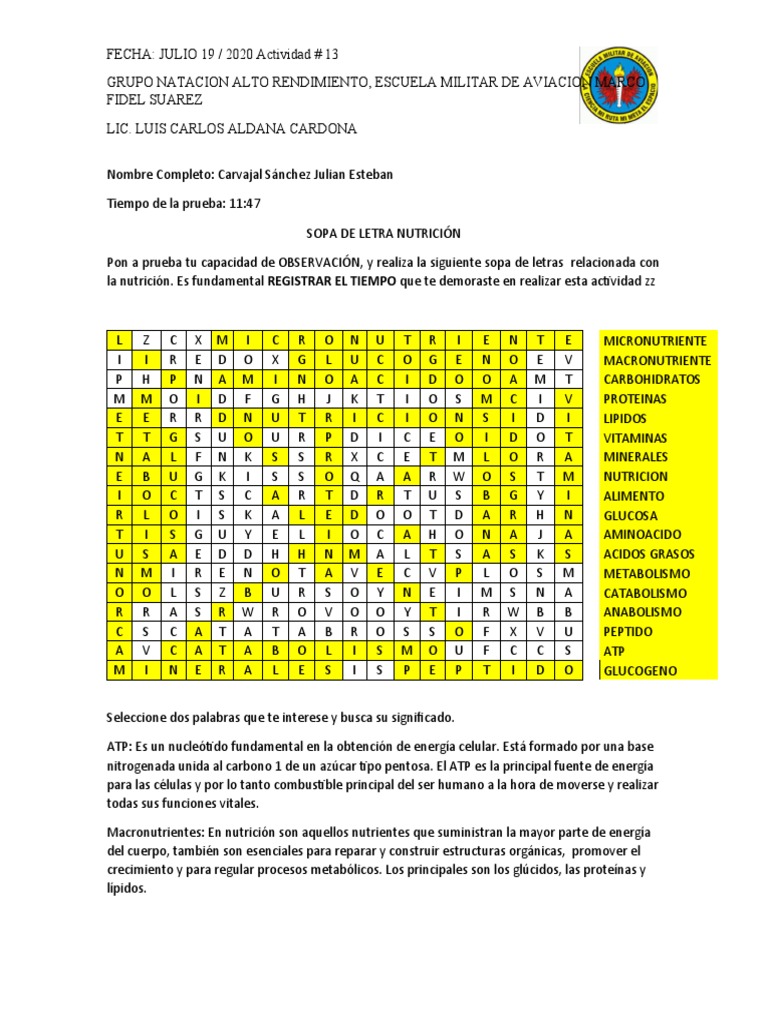 SOPA DE LETRAS Nutricion ACT 13 | PDF | Nutrientes | Biotecnología