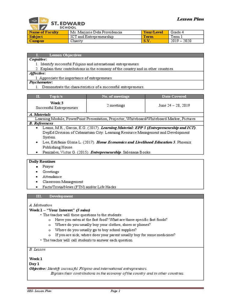 Term 1-LP - Lesson 2 Successful Entrepreneur Week 3 (G4) | PDF | Lesson ...