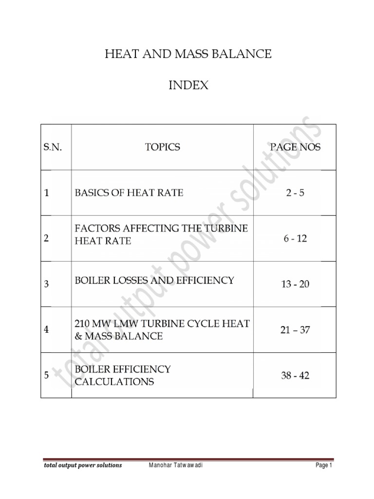 Heat and Mass Balance Index: S.N. Topics Page Nos | PDF | Boiler ...