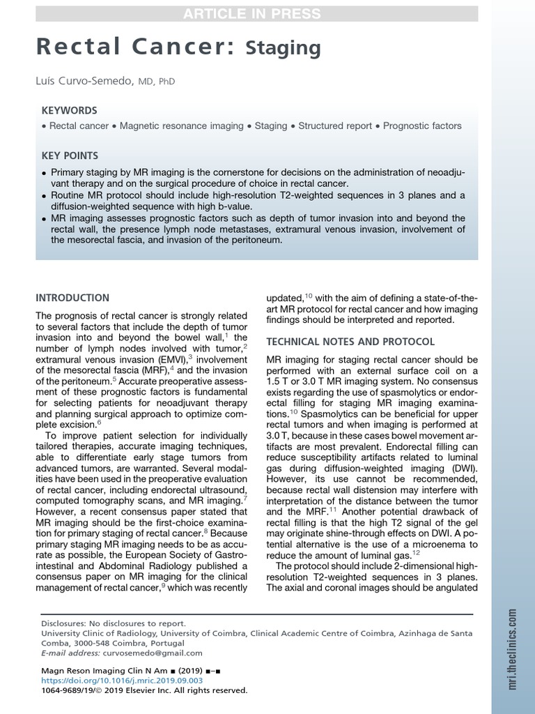Rectal Cancer:: Staging | PDF | Colorectal Cancer | Magnetic Resonance ...