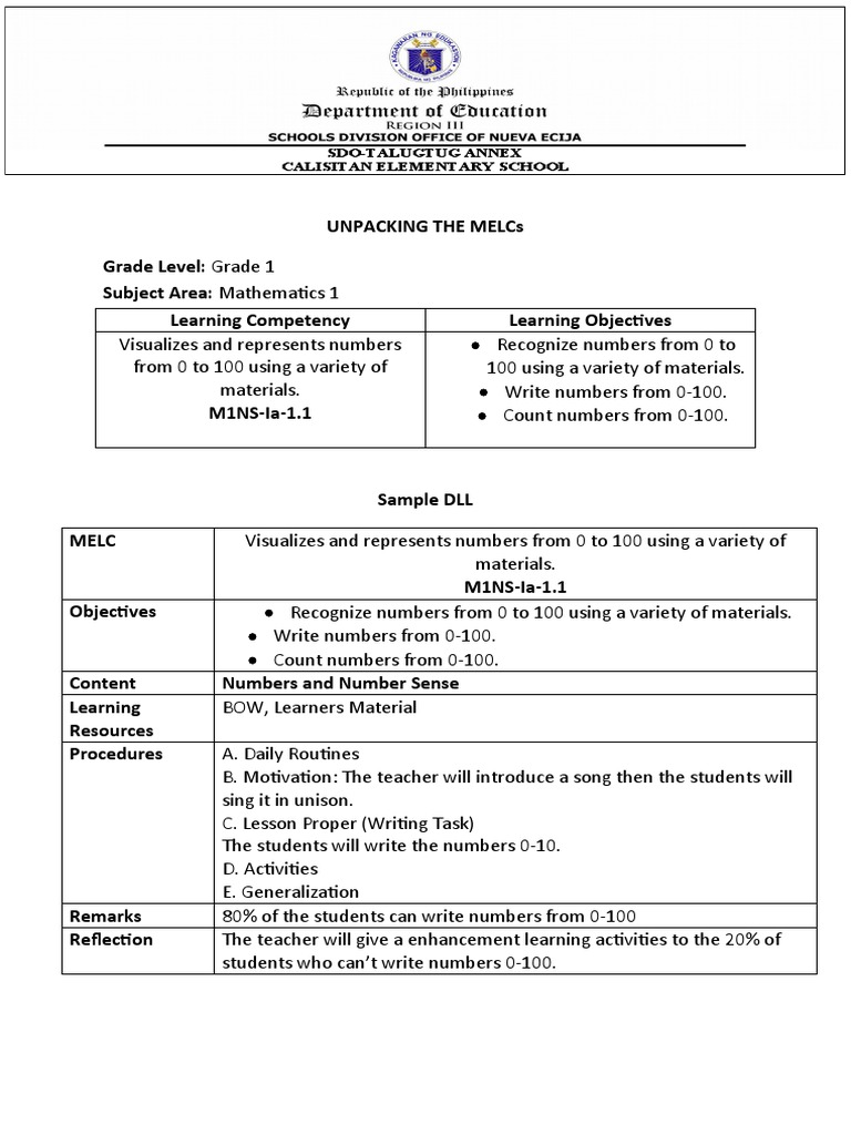Unpacking The Melcs Grade Level: Grade 1 Subject Area: Mathematics 1 ...