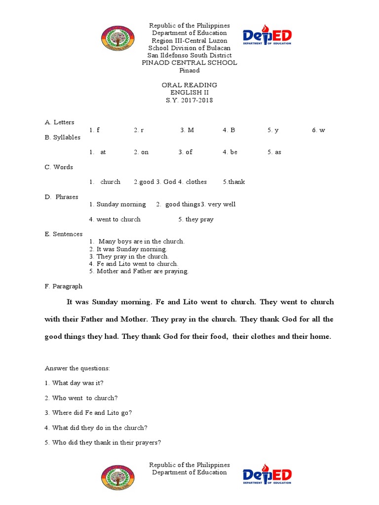 Oral Reading 2017-2018 | PDF