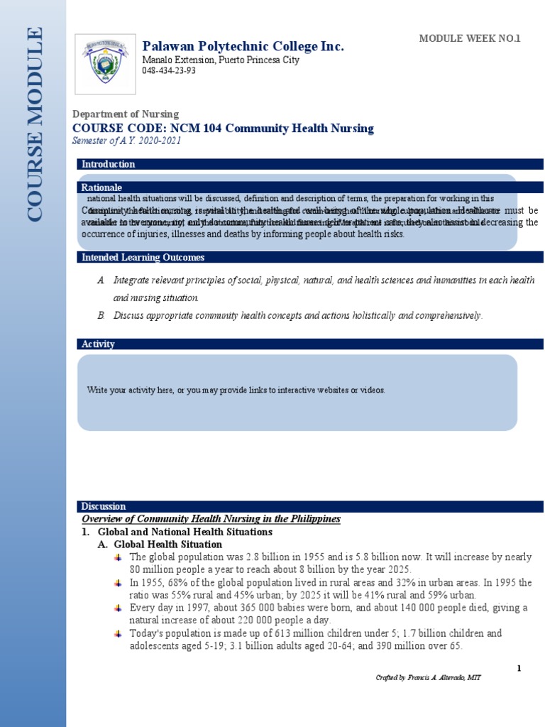 Palawan Polytechnic College Inc.: COURSE CODE: NCM 104 Community Health ...