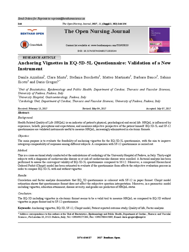 The Open Nursing Journal: Anchoring Vignettes in EQ-5D-5L Questionnaire ...