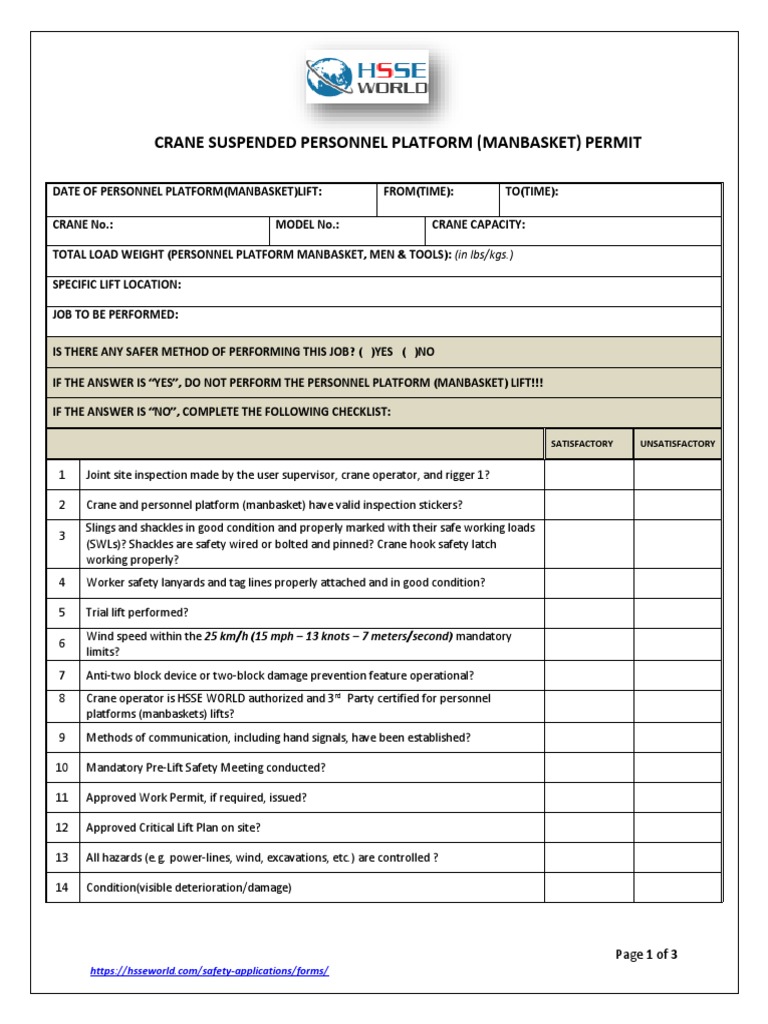 Crane Suspended Personnel Platform (Manbasket) Permit: Page 1 of 3 ...
