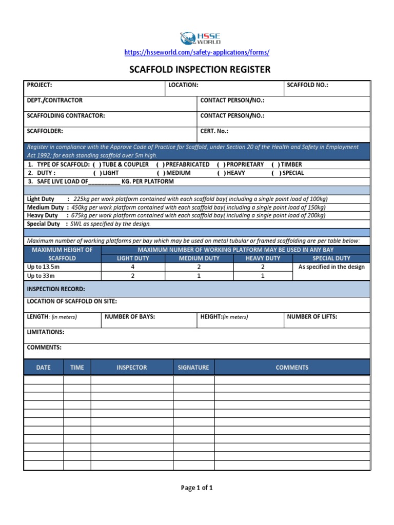 Scaffold Inspection Register | PDF | Technology & Engineering