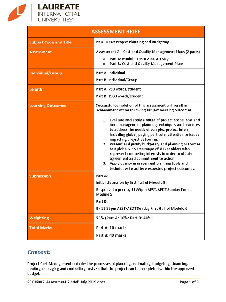PROJ6002 - Assessment 2 Brief - July 2019 PDF | PDF | Project ...