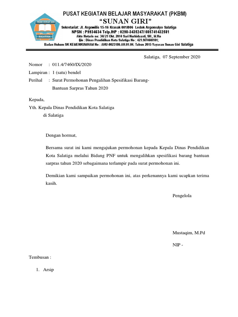 Surat Permohonan Pengalihan Barang Bantuan Sarpras 2020 PDF | PDF