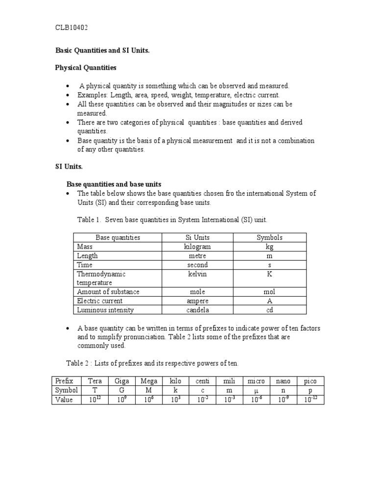 Basic Quantities and SI Units. Physical Quantities | PDF