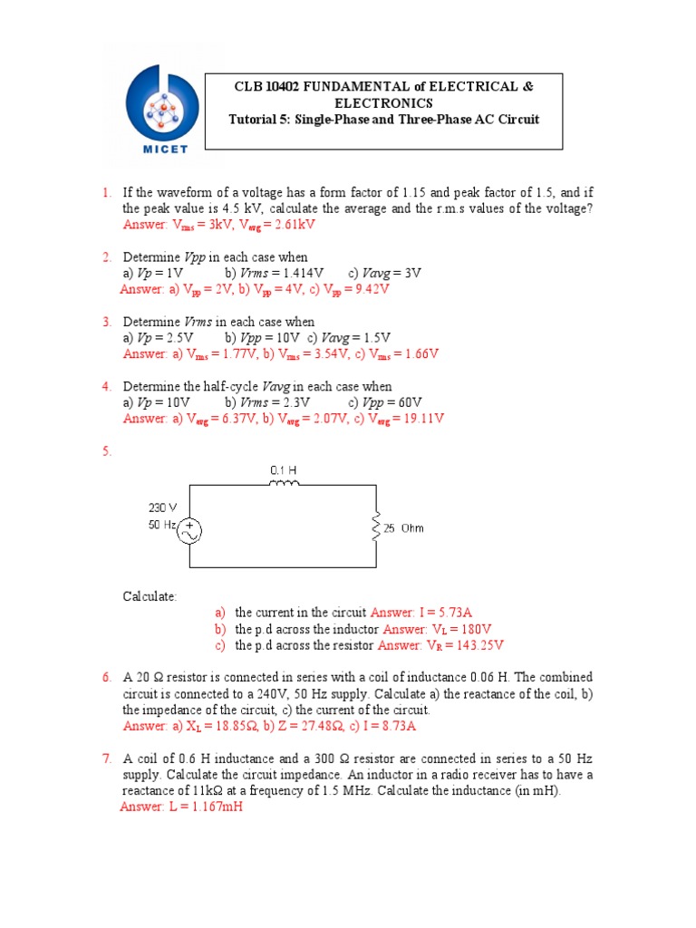 Tutorial 5 Single Phase Three Phase With Answer | PDF | Inductor | Inductance